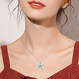 Cuoka Starfish Necklace, 925 Sterling Silver with Blue Opal, Hawaiian Beach Nautical Ocean Pendant, Starfish Jewelry Opal Jewelry Gifts for Women Girlfriend Daughter