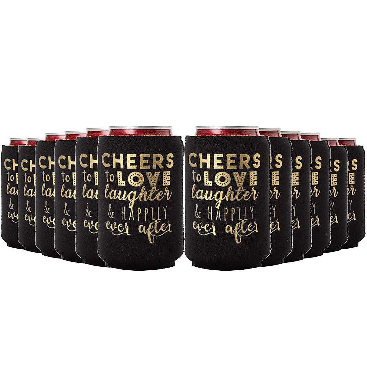 Wedding Can Can Cooler Decorations - Cheers to Love Laughter and Happily Ever After, Can Coolies Set of 12, Wedding Supplies For Bridal Showers, Engagements and Bachelorette Parties (Black)