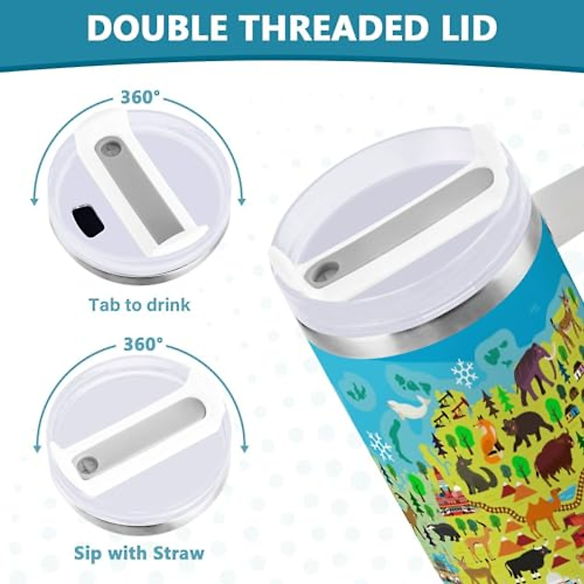 Slewiaeky Tumbler with Handle 40 oz Animal Map Children Travel Mug with Lid and Straw Stainless Steel Vacuum Insulated Water Bottle Cup for Iced Tea Coffee Cold Beverages Cup Holder Friendly