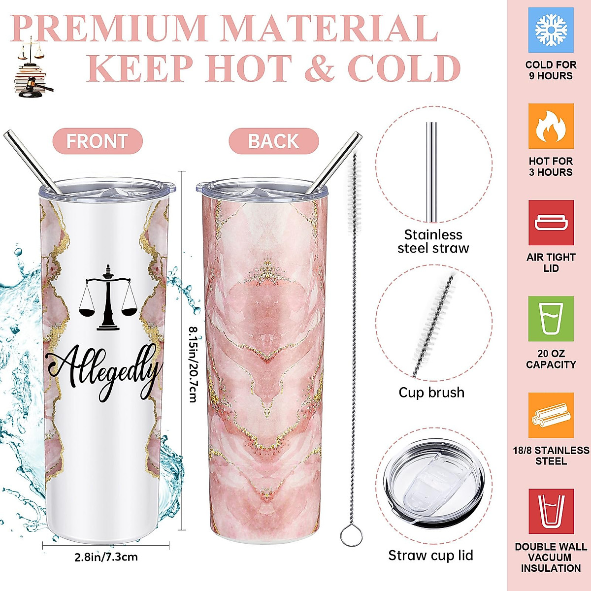 Domensi 6 Pcs Funny Allegedly Lawyer Gifts Judge Gift Lawyer Appreciation Day Gift 20 oz Marble Sign Tumbler Makeup Bag Notepad Ballpoints for Law Paralegal School College Teacher(Pink)