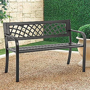 Garden Bench,Outdoor Benches,Iron Steel Frame Patio Bench with Mesh Pattern and Plastic Backrest Armrests for Lawn Yard Porch Work Entryway,Black