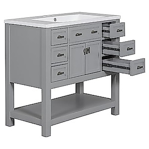Merax 36" Bathroom Vanity with Sink Combo, Modern Wood Fixture Stand Storage Cabinet Set W/2 Soft Closing Doors and 6 Drawers, Grey