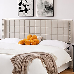 VECELO Linen Upholstered Headboard for King Size Bed, Tufted Nailhead & Double Wingback for Bedroom, 6 Adjustable Position from 40" to 49.8",Beige