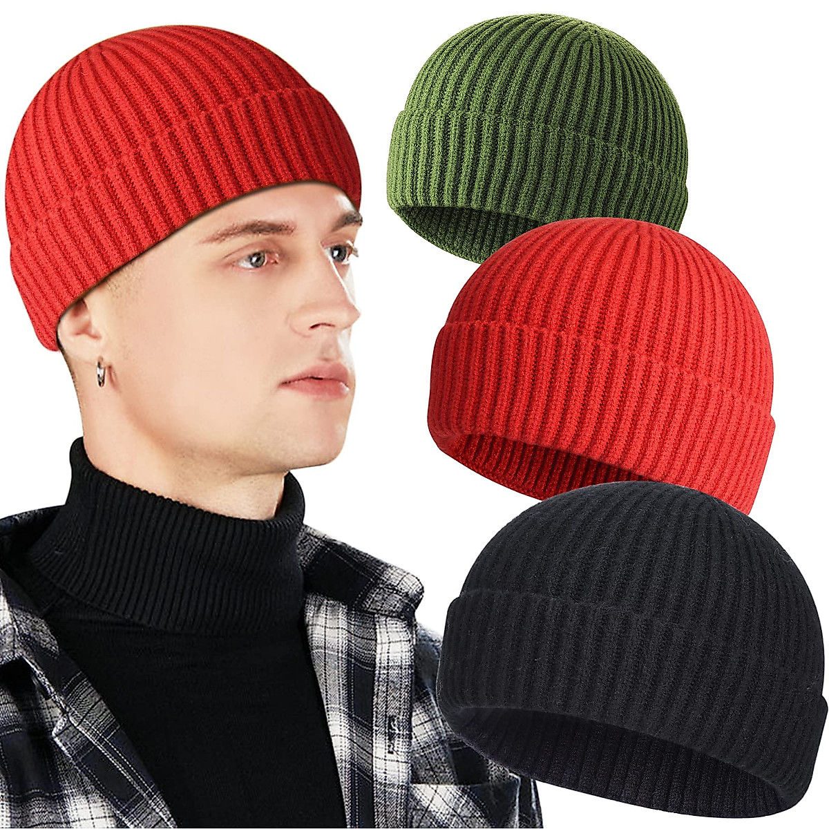 3 Pack Wool Fisherman Beanies for Men, Short Knit Watch Cap Cuffed Trawler Hats,H