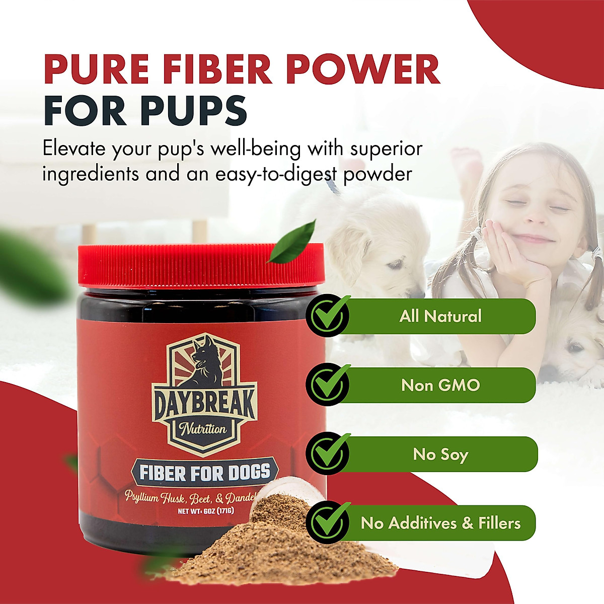 Daybreak Nutrition Fiber for Dogs Psyllium Husk, Beet Root, Dandelion Root, and Prebiotics to Aid in Relief from Diarrhea, Constipation, Anal Gland Issues, and Scoots