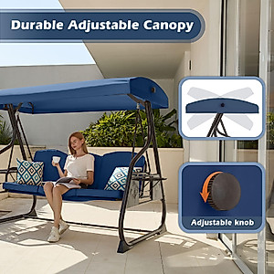 ZZW 3-Seat Patio Porch Swing 800LBS Outdoor Swing with Stand w/Canopy & Adjustable Backrest Patio Glider Chair w/Removable Pillows & Foldable Side Tray for Balcony Garden Deck (Blue)