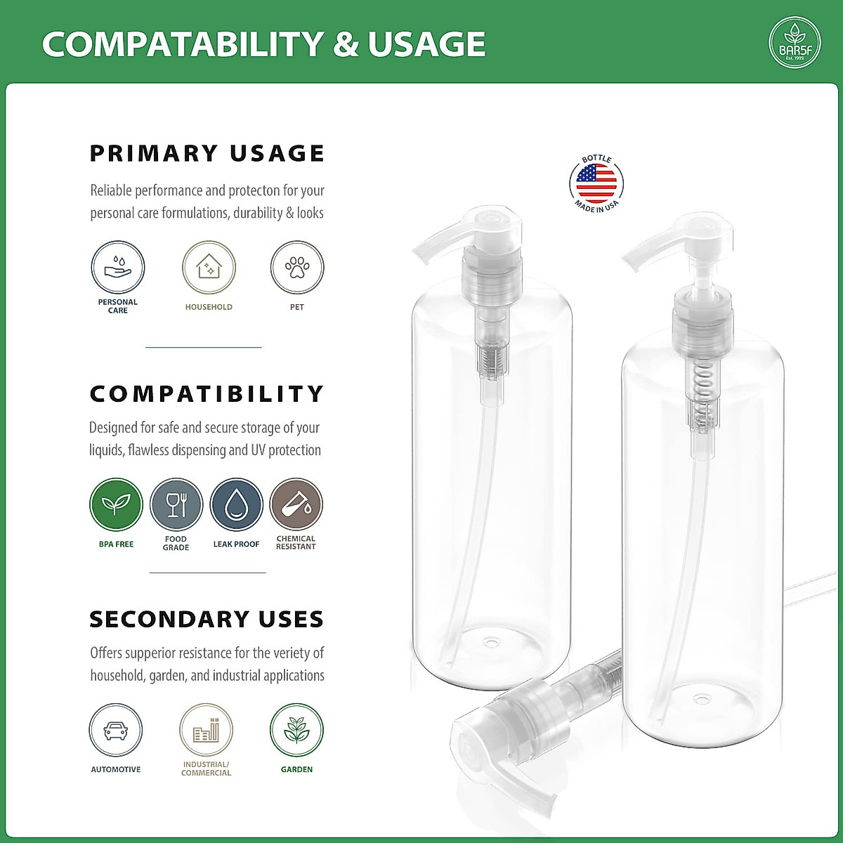 Bar5F 32-Ounce Empty Plastic Shampoo Pump Bottles, BPA-Free, Leak-Free, 1-Liter Crystal-Clear Cylinder, Clear Pump Top, 3-Pack