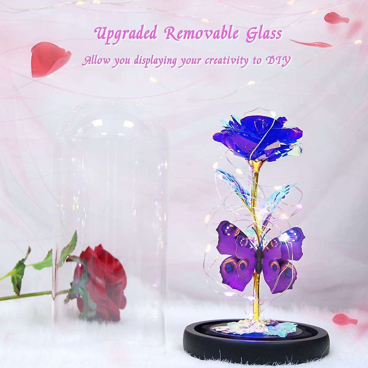 Valentines Rose Gifts for Her Birthday Flower Gift for Women, Galaxy Purple Butterfly Rose in Glass Dome, Light Up Forever Rose Birthday Gifts for Mom Anniversary Valentine's Day Eternal Rose Gift