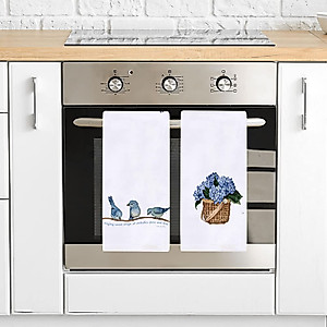 Blue Birds Flower Kitchen Dish Towel 18 x 28 Inch Set of 2, Seasonal Spring Summer Hydrangea Tea Towels Dish Cloth for Cooking Baking