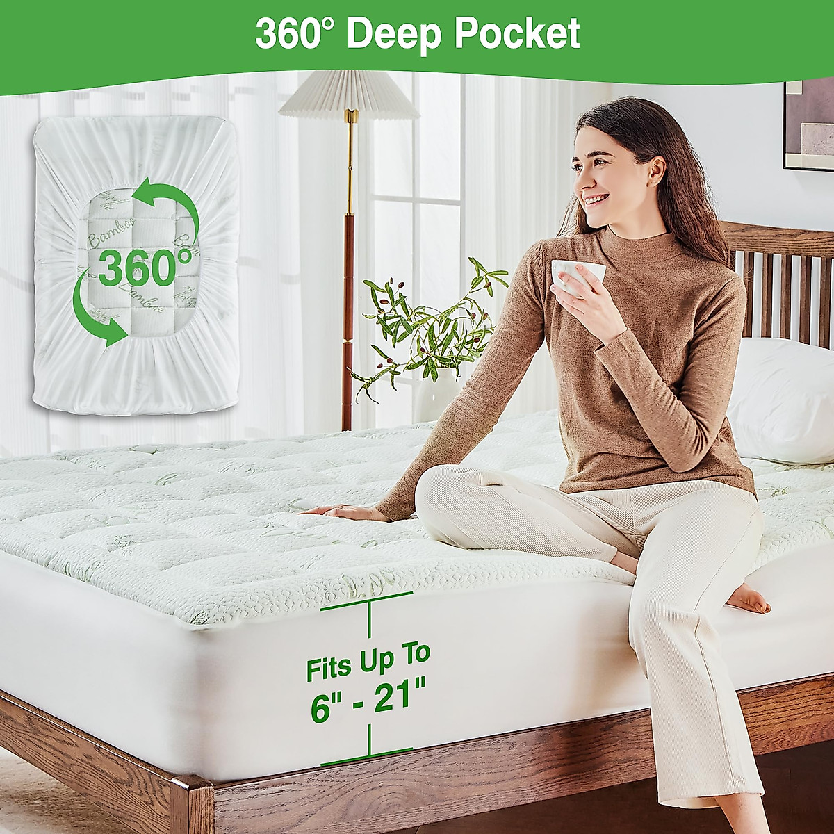 GOONIK Queen Mattress Pad Cover, Viscose Made from Bamboo Pillow Top Cooling Mattress Topper for Queen Size Bed, 6-21 inches Deep Pocket, 60x80 inches