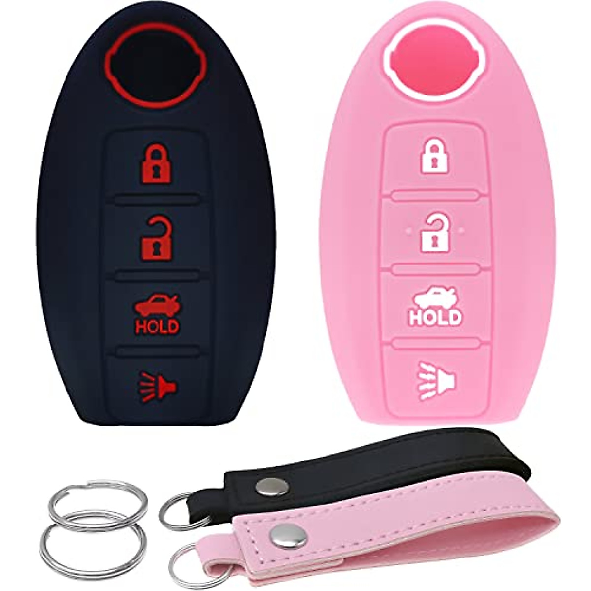 Silicone Key Fob Cover Remote Keyless Case Protector Compatible with Nissan 350Z 370Z Altima Armada GT-R Maxima Murano Pathfinder Rogue Select Sentra Titan Versa Note Xterra (4 Buttons Black & Pink)