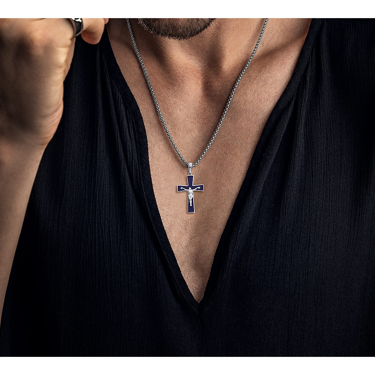 Solid 14k Gold Cross Necklace with Blue Enamel, Made in America, Cross Chain for Men and Women (22" Necklace, White Gold)