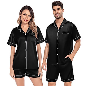 SWOMOG Satin Matching Pajamas Sets Couple Silk Button Down Nightwear Men & Women Short Sleeve Sleepwear 2 Pieces Loungewear Black