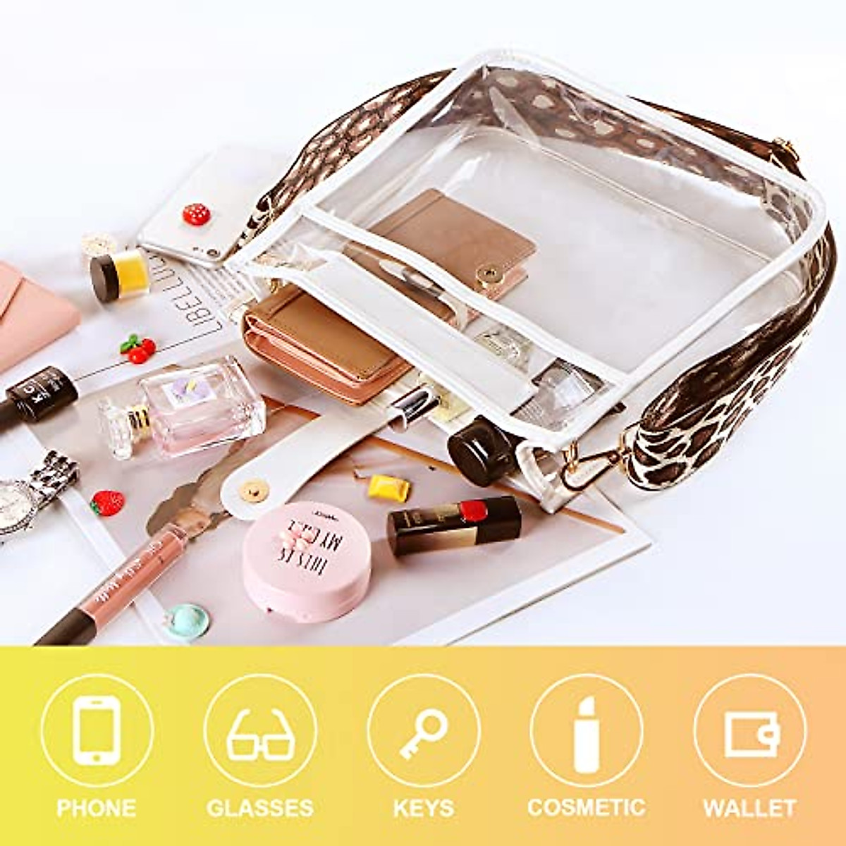 BOBOKA Clear CrossBody Bag with Leopard Guitar Strap Clear Bag Stadium Approved Shoulder See Through Handbag Purse for Women