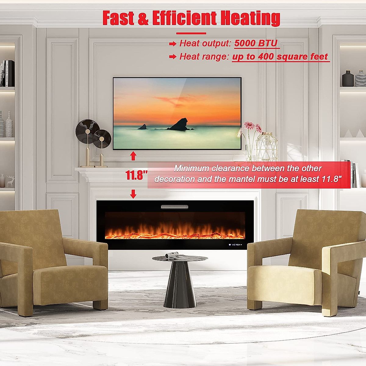 Tangkula 50 Inches Electric Fireplace Insert, Reccessed and Wall Mounted 5,000 BTU Electric Fire Place,with 2 Heat Settings, 0.5-12H Timer, Dual Control, 9 Flame Colors & 5 Flame Brightness