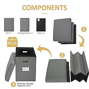 Emosoon Tall Ottoman with Storage Collapsible Fabric Small Slim Folding Ottoman Furniture with Handles Lid Ottoman for Room Footrest Foot Stool Linen Grey 16.5x16.5x11.8in