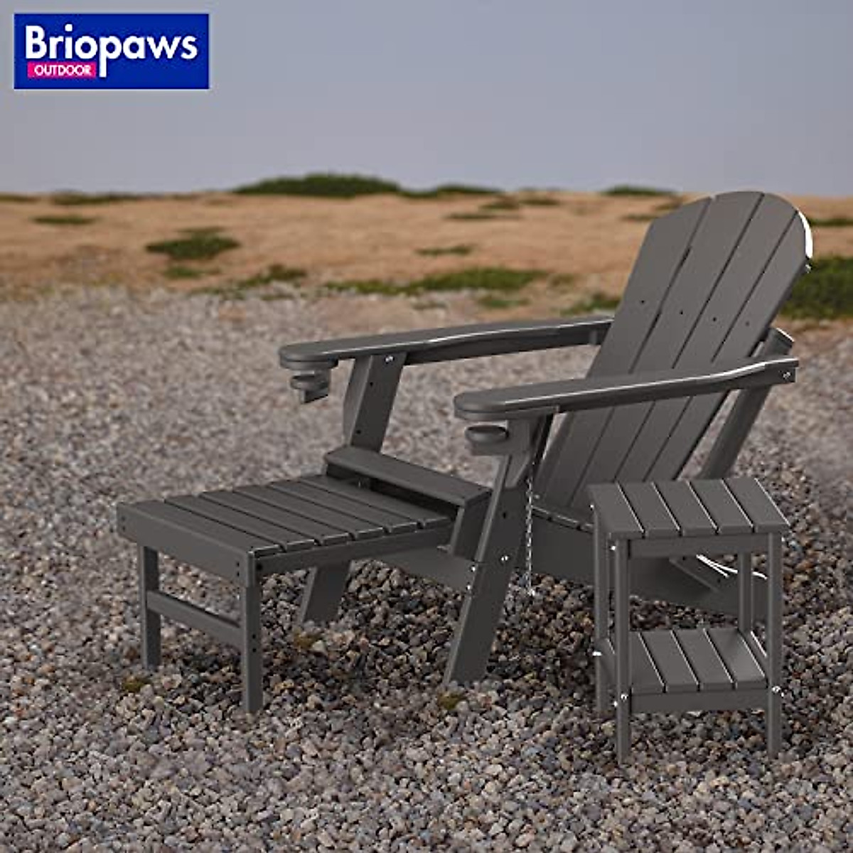 BRIOPAWS Folding Adirondack Chairs with Ottoman Set of 2, Weather Resistant HDPE Patio Chair w/Cup Holders & Retractable Footrest for Poolside Lawn Fire Pit Deck Outdoor Porch Campfire, Grey, 2 Pack