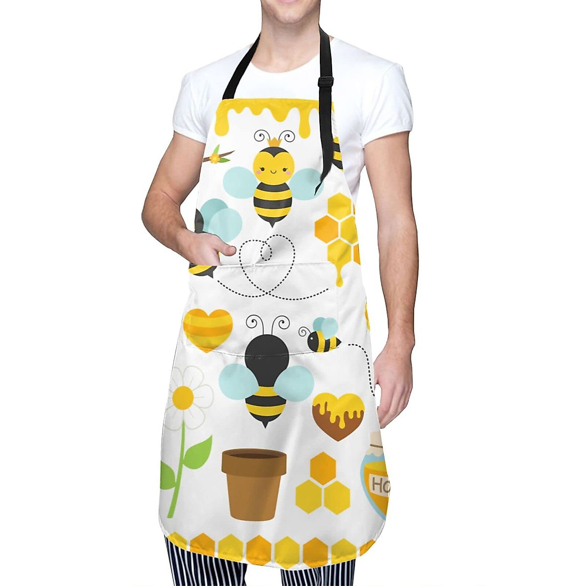 Echoserein Cute Bee Apron Adjustable Bib Aprons With 2 Pockets For Men Women Chef Waterproof Decorative For Kitchen Cooking Bbq Grilling