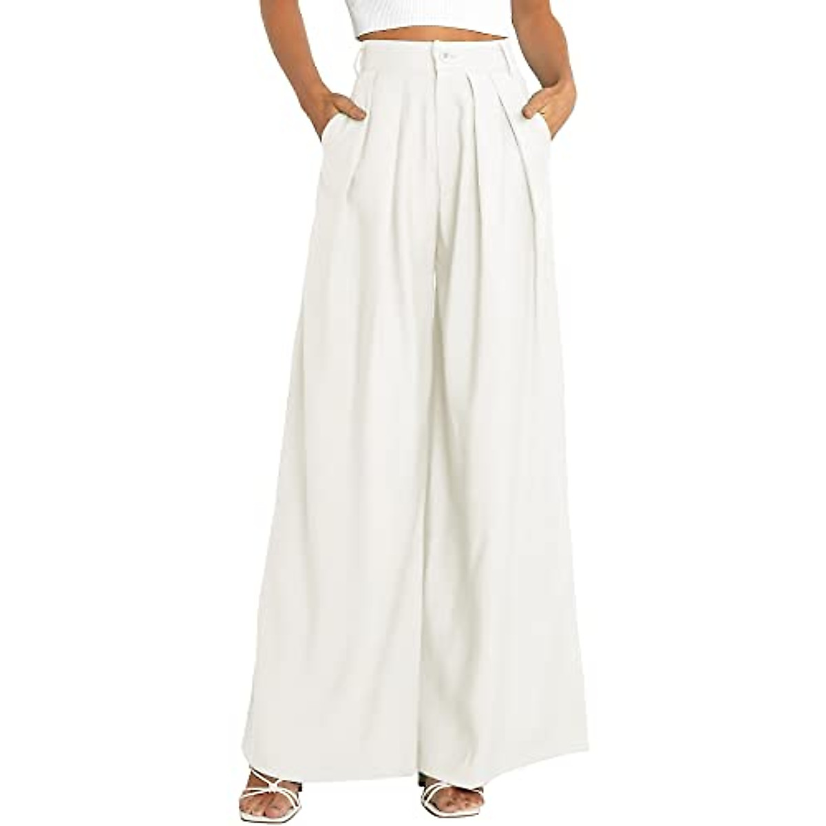 SIFLIF Women's High Waist Casual Wide Leg Palazzo Pants, Dress Pants for Women, Work Pants with Pockets for Women Office. White