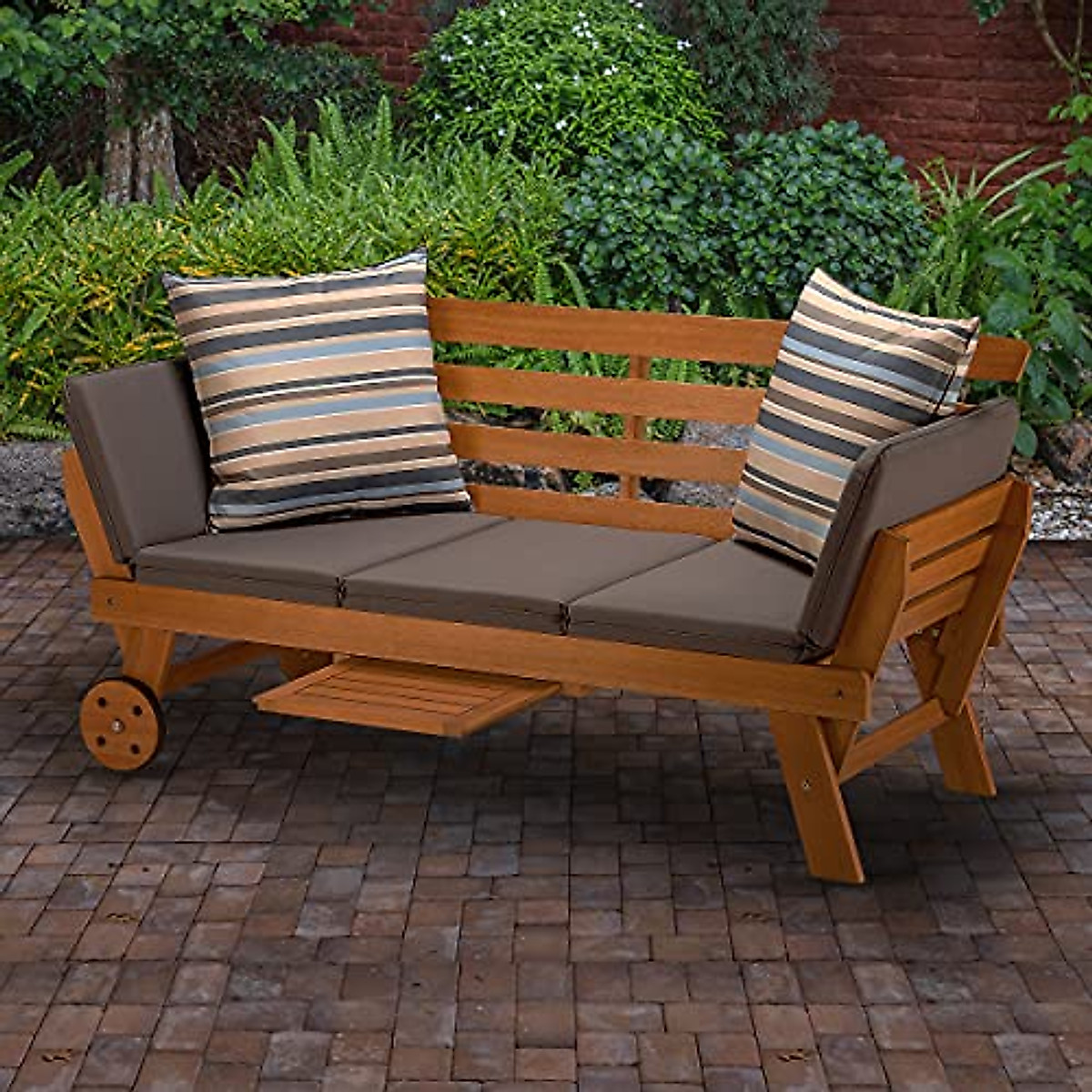 National Outdoor Living Eucalyptus Wood Patio Daybed with Chocolate Brown Cushions and Striped Accent Pillows
