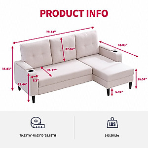 MUZZ 80'' L-Shaped Pull Out Sofa Bed with Storage,Sectional Sofa Bed with Cup Holders, Sleeper Sofa with Reversible Chaise, Pull Out Sectional Couch with Storage Armrest for Living Room,Office-Beige