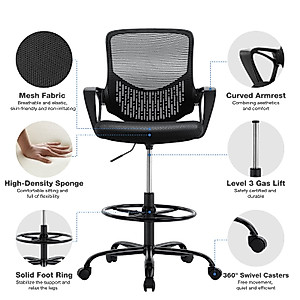 JHK Tall, Standing, Counter Computer, Mid-Back Mesh Office Drafting Chair with Armrests, Height Adjustable Foot Ring for Adults, Black