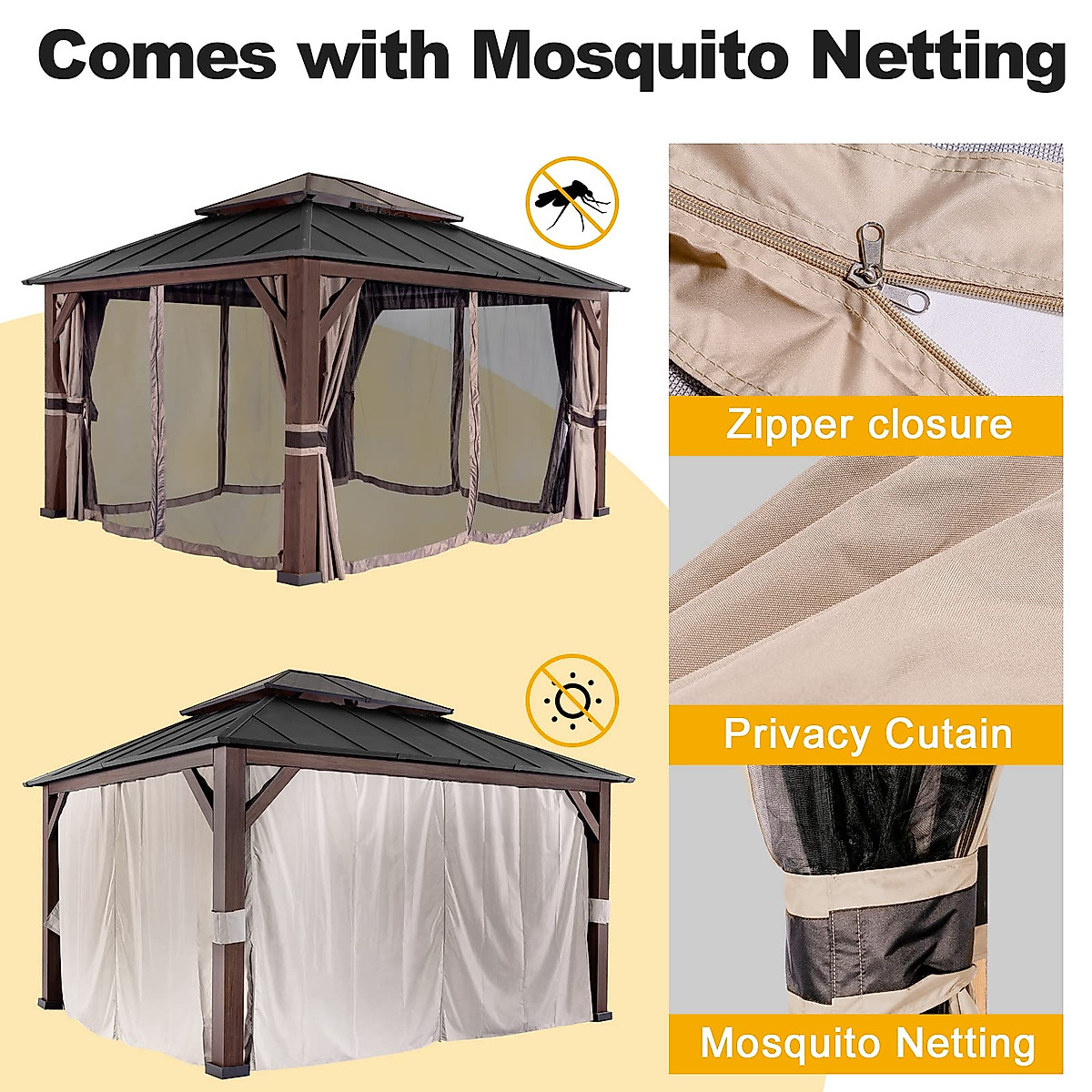 OLILAWN Gazebo 12x14, Hardtop Gazebo with Wood Finish Aluminum Frame, Galvanized Steel Double Top Gazebo with Ventilation, All-Weather Metal Gazebo with Netting and Curtains, for Patios Gardens Lawns