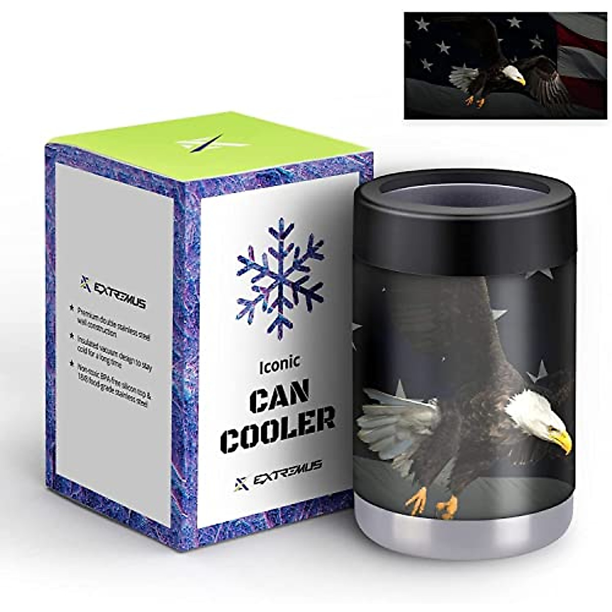 Extremus Temps Can Cooler, 12oz Stainless Steel Double Wall Vacuum Insulated Can Cooler – Iconic Laser Printed Designs - Stainless Steel Can Coozies Fits Standard Size Cans - Replaces Coozies for Cans