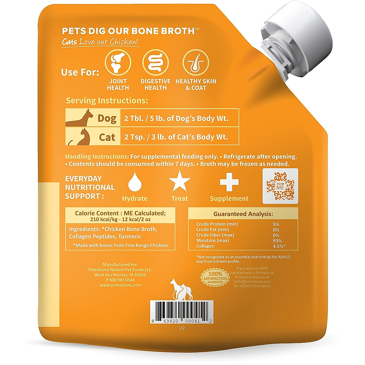Primalvore Free-Range Bone Broth for Dogs &Cats, Mobility Formula w/Collagen Peptides to Help Support Hip & Joints, Digestion, Skin & Coat and Hydration, Human Grade, Mix 4 Pack Chicken and Beef