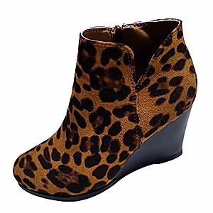 Fheaven Women's Wedge Ankle Booties Fashion Leopard Zipper Short Boots Shoes