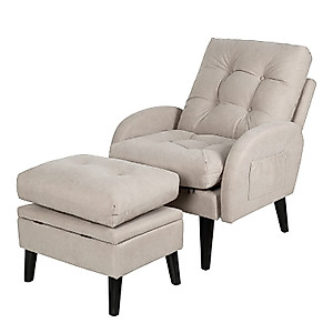 ELUCHANG Accent Chairs with Ottoman, Upholstered Comfy Armchair with Adjustable Backrest&Storage Footrest, Lazy Chair Reading Chair Leisure Sofa Recliner for Living Room Bedroom (Light Grey - Linen)
