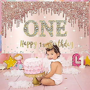 Happy 1st Birthday Banner Backdrop Decorations for Girls, Rose Gold 1 Year Old Birthday Party Sign Supplies, Pink One Birthday Poster Background Photo Booth Props Decor