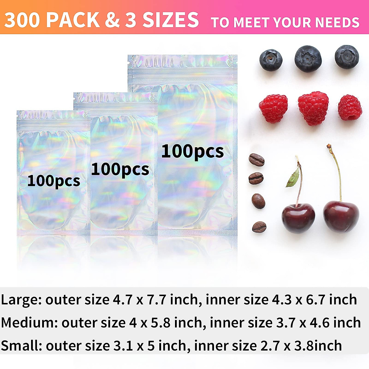 300 Packs Mylar Bags, 3 Sizes Smell Proof Bag Resealable Mylar Bags for Food Storage, Holographic Ziplock Bags with Front Window Packaging Pouch for Sample Snack Cookies Jewelry (Holographic)
