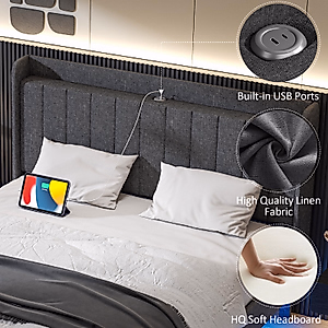 Saudism Upholstered Bed Frame with Storage Headboard, USB Ports, LED Lights - Queen Size, Floating, Noise-Free, Dark Grey