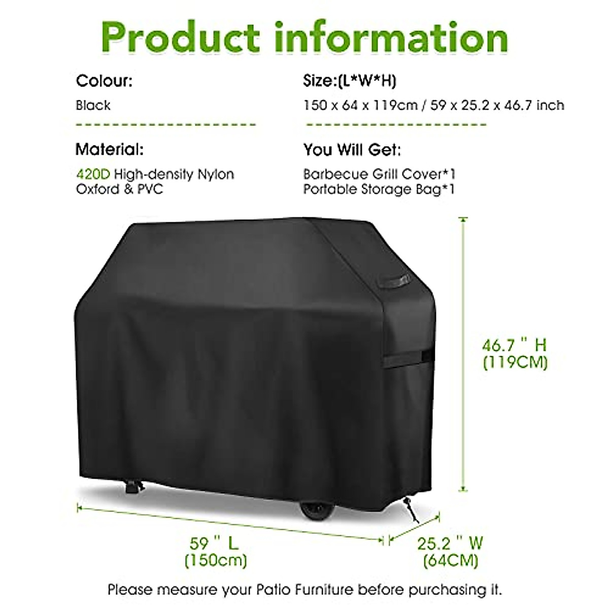 Grill Cover, 59-inch Waterproof Heavy Duty Gas Grill Covers, 420D BBQ Charcoal Cover for Barbeque Grill of Weber, Brinkmann, Char-Broil, Jenn Air and Holland Medium(59" Lx 25" Dx 47" H)