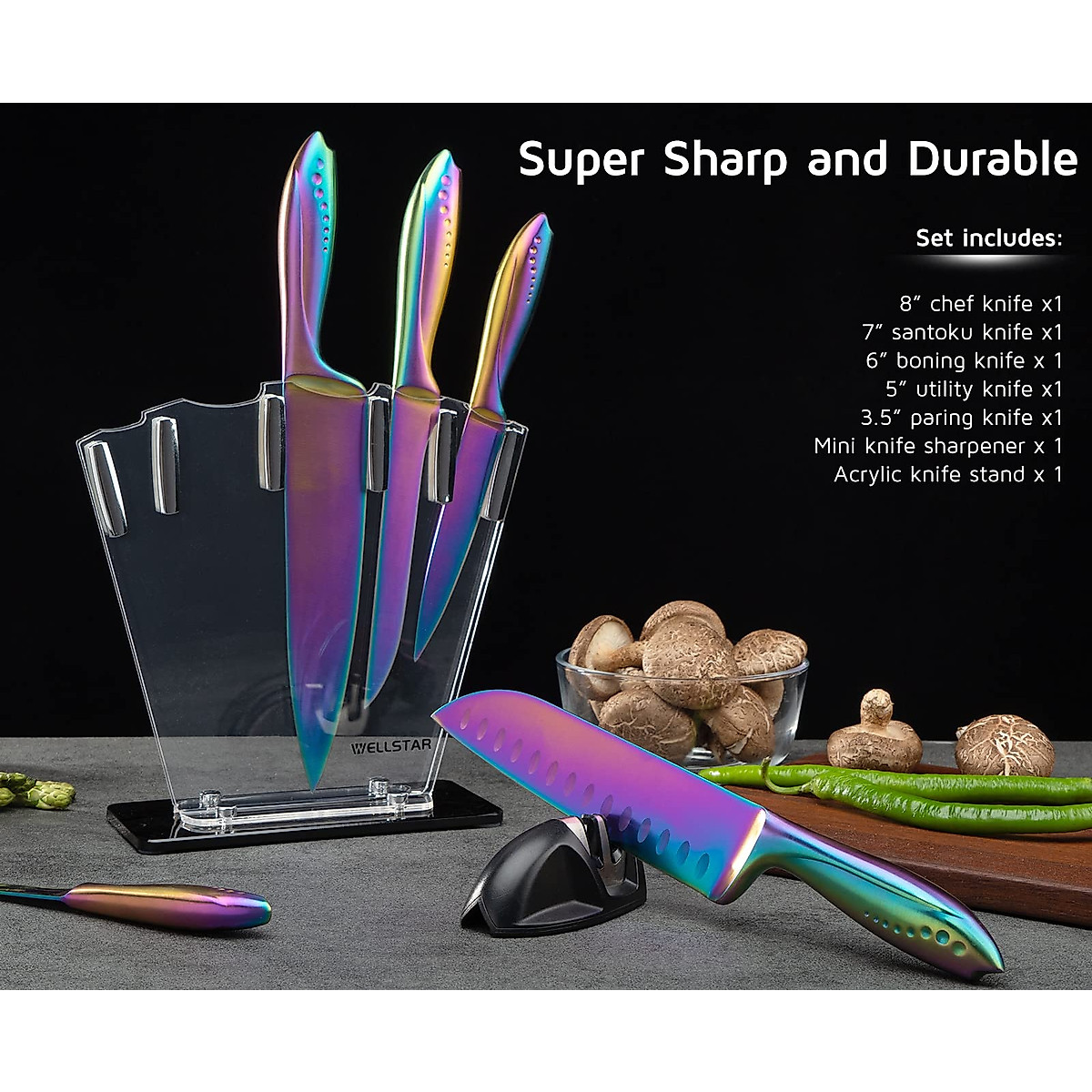 WELLSTAR Rainbow Knife Set - 7 Colorful German Stainless Steel Knives