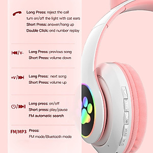 KERHAND Bluetooth Headphones for Kids, Cute Ear Cat Ear LED Light Up Foldable Headphones Stereo Over Ear with Microphone/TF Card Wireless Headphone for iPhone/iPad/Smartphone/Laptop/PC/TV (PIink)