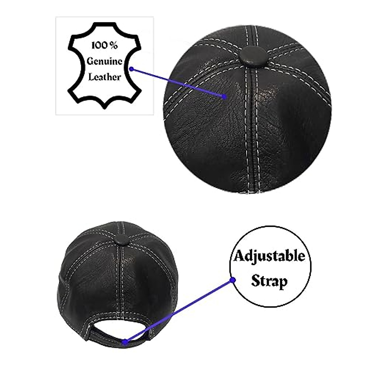 100% Real Genuine Lambskin Leather Baseball Cap Hat Sports Visor Black