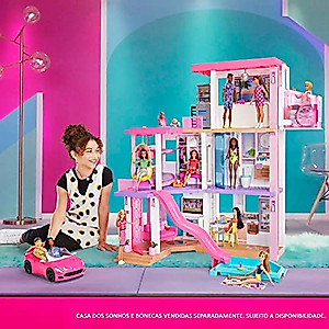 Barbie Toy Car, Bright Pink 2-Seater Convertible with Seatbelts and Rolling Wheels, Realistic Details