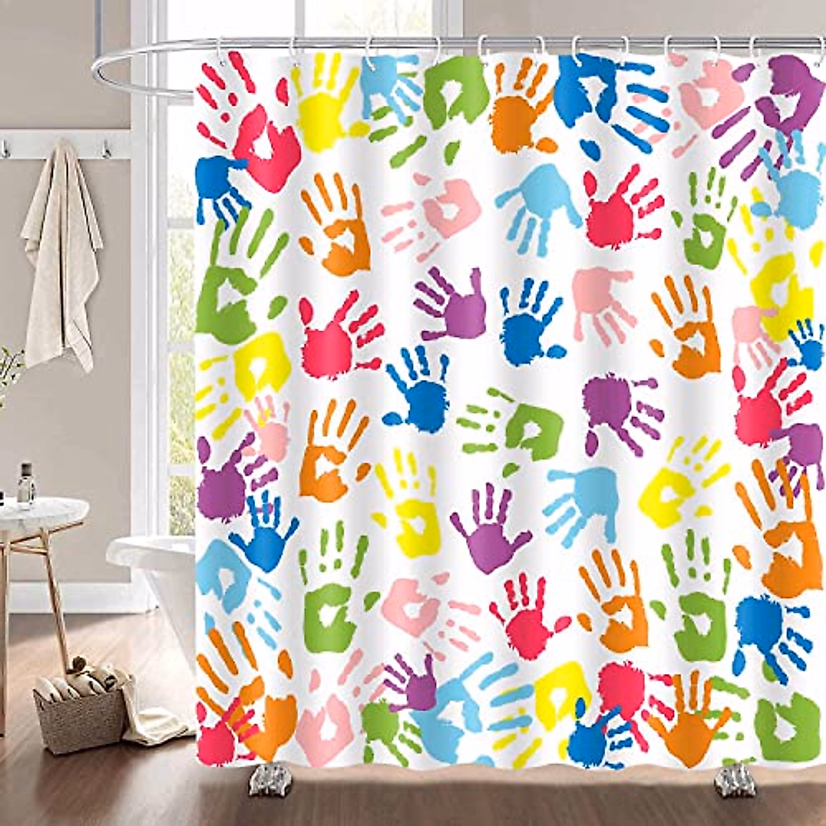 NTETSN 4 PCS Watercolor Shower Curtain, Handprint in Rainbow Color Bathroom Curtain Sets for Kids,Non-Slip Rugs, Toilet Lid Cover, Bath Mat, 12 Hooks for Curtain 72x72 Inch SETYYNT4