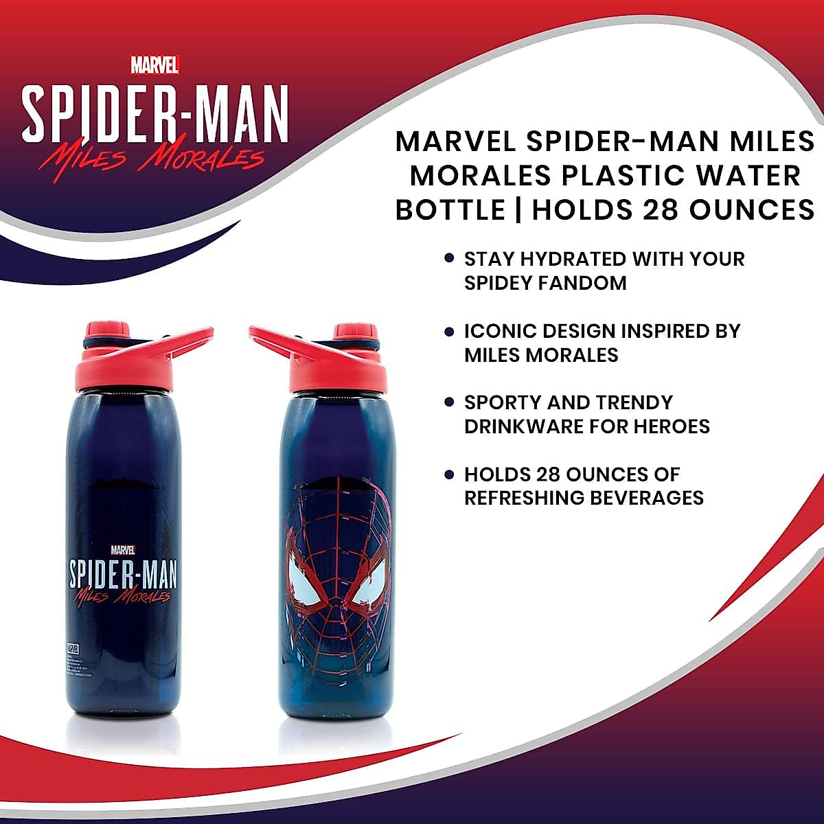 Marvel Spider-Man Miles Morales 28-Ounce Sports Water Bottle | BPA-Free Plastic Water Jug With Leakproof Screw-Top Lid And Flip-Up Cap | Hydration For Outdoor Activities, Gym Fitness Gifts