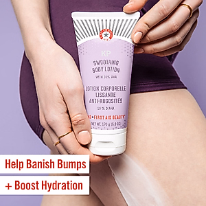 First Aid Beauty KP Bundle: KP Bump Eraser Body Scrub with 10% AHA – 8 oz – and KP Smoothing Body Lotion – 6 oz