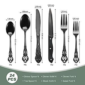 24 Pieces Black Silverware Set for 4, Stainless Steel Flatware Set Serving include Spoon Forks Knives, Kitchen Utensils Set, Tableware Cutlery Set with Steak Knives For Home Kitchen Restaurant Hotel
