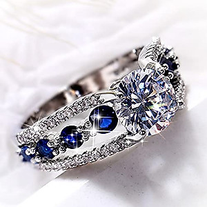 Fashion Jewelry Women's 925 Silver Plated Ring Round Cut Sapphire Blue CZ Crystal Ring Engagement Party Band Rings Size 6-10