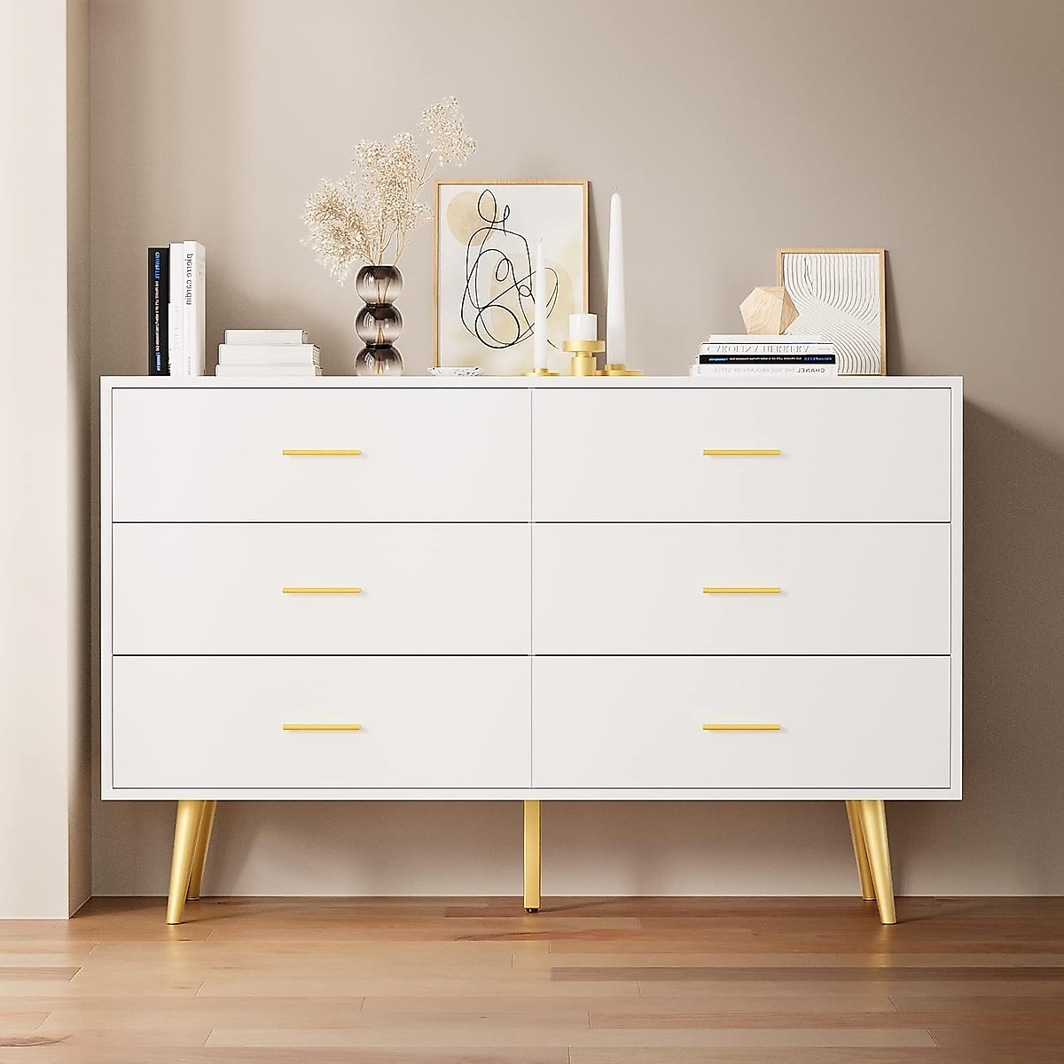 RESOM White Dresser for Bedroom, 6 Drawer Wooden Double Dresser with Gold Handles, Modern Chest of Storage Dresser with Deep Drawers for Living Room, Hallway