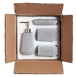 Roselli Trading Company 4pc - Commodore Stripes Bathroom Accessory Set - Toothbrush Holder, Tumbler, Soap Dish, and Lotion Pump Ba Gray, White