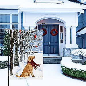 Hello Winter Dog Garden Flag 12x18 Double Sided, Burlap Farmhouse Small Golden Cardinal Retriever Garden Yard Flags for Winter Seasonal Outside Outdoor House Holiday Decor (ONLY FLAG)