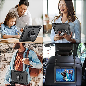Case for iPad 10th Generation 2022:Miesherk Stock Military Grade Shockproof Rugged Case for iPad 10th Gen 10.9'' W/Screen Protector，Rotate Stand，Handle，Shoulder Strap，Pen Holder （Black）