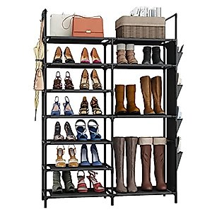 Kottwca 7 Tiers Shoe Rack Metal Shoe Organizer for Entryway Closet, 24-28 Pairs Stackable Shoe and Boots Shelf Storage Cabinet with Hooks and Side Hanging Pockets for Bedroom, Garage, Black