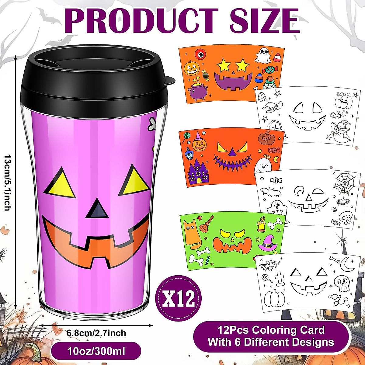 Yiyiring 12 Set Halloween Color Your Own Cups 10 oz Jack O Lantern Panting Cups Craft Halloween DIY Plastic Mug Crafts Halloween Party Gifts Supplies Home Project Activities